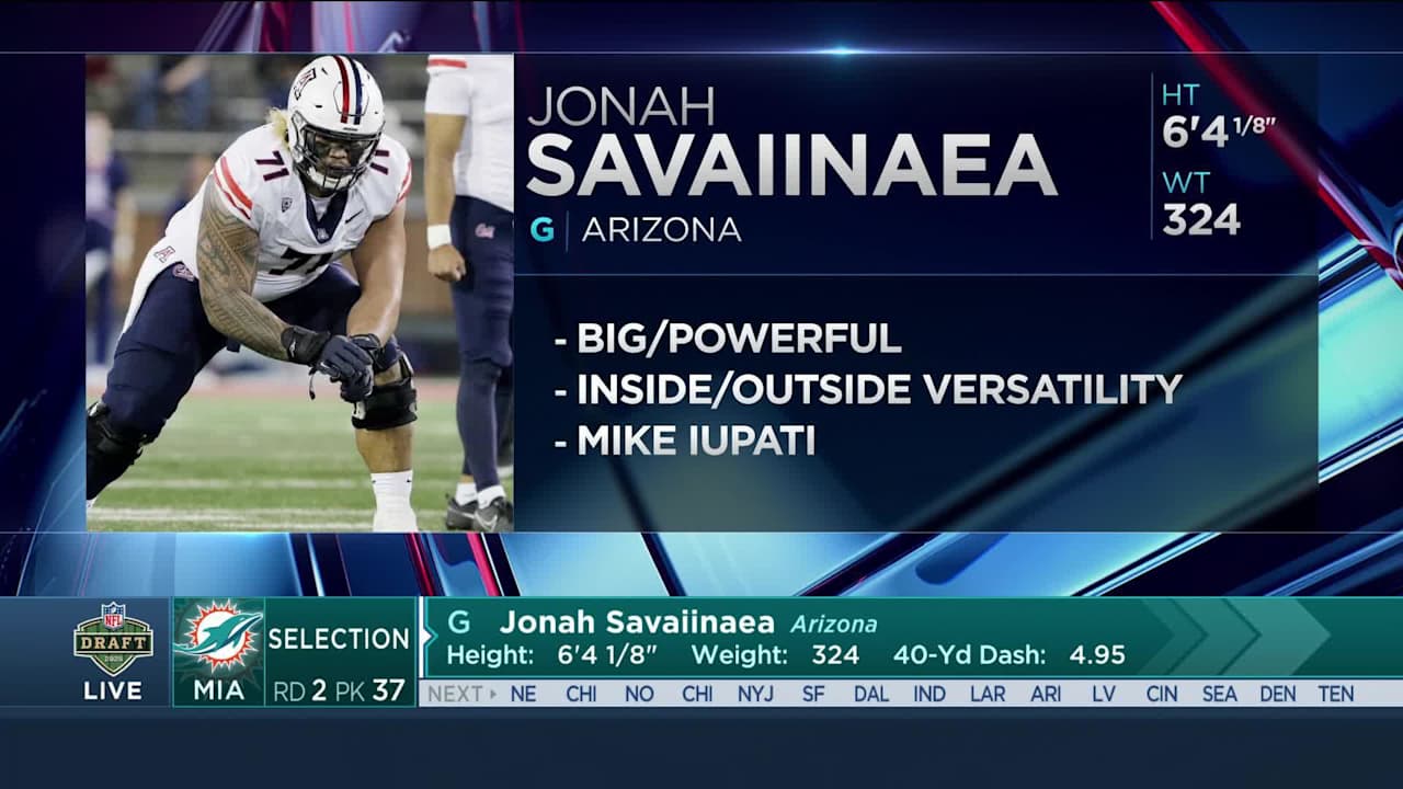Miami Dolphins select Arizona Wildcats offensive guard Jonah Savaiinaea with No. 37 pick in 2025 ...