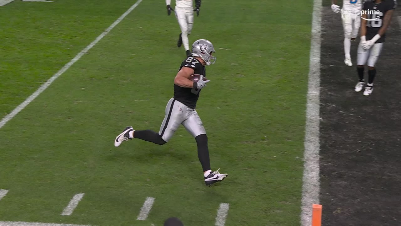 Las Vegas Raiders rookie tight end Michael Mayer walks in the end-zone ...