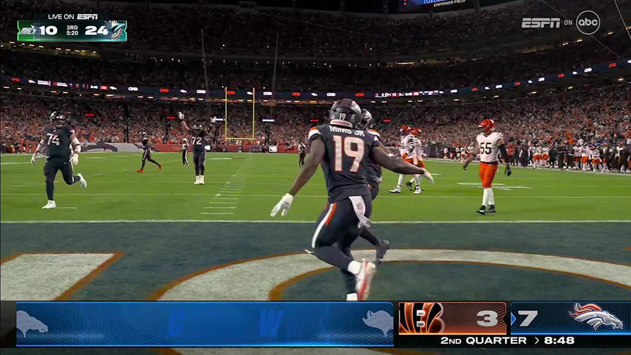 Denver Broncos wide receiver Marvin Mims Jr. sprints to a 16-yard ...