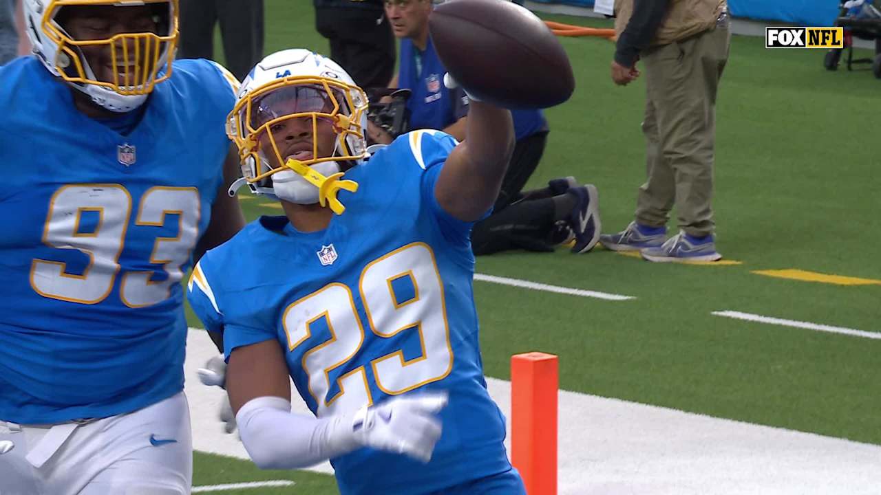 Los Angeles Chargers cornerback Tarheeb Still jumps in front of Baker Mayfield's pass for Mike ...