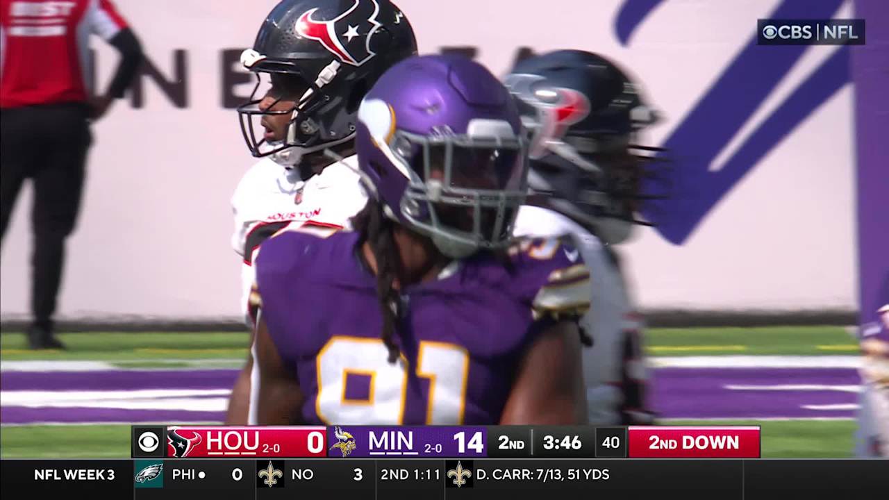 Minnesota Vikings linebacker Patrick Jones II pops through offensive ...