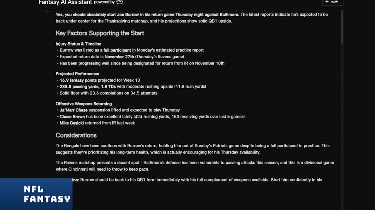 Can I Start Joe Burrow in his First Week Back? | Ask NFL Pro Powered by AWS AI