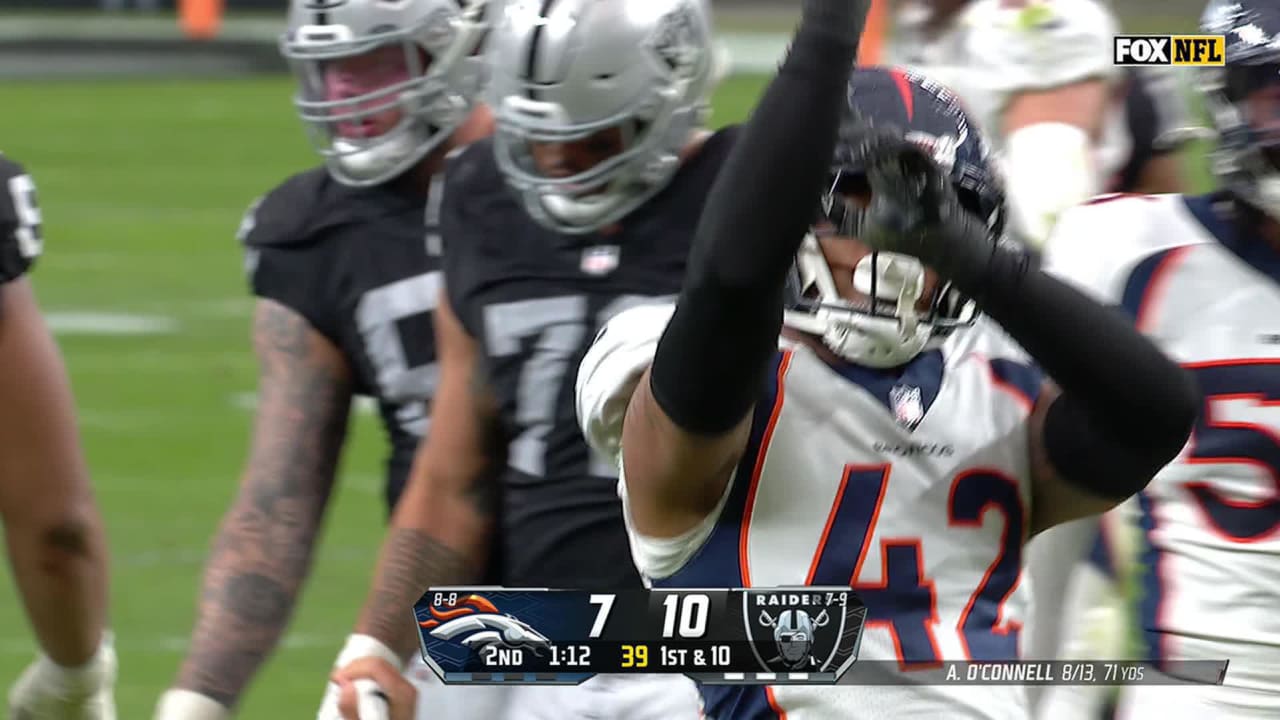 Denver Broncos linebacker Nick Bonitto lassos Las Vegas Raiders ...