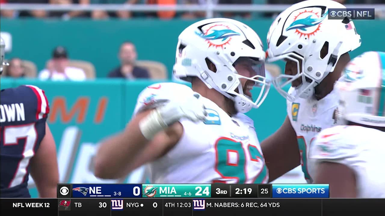 Miami Dollphins defensive end Zach Sieler seals the deal vs. New England Patriots quarterback ...