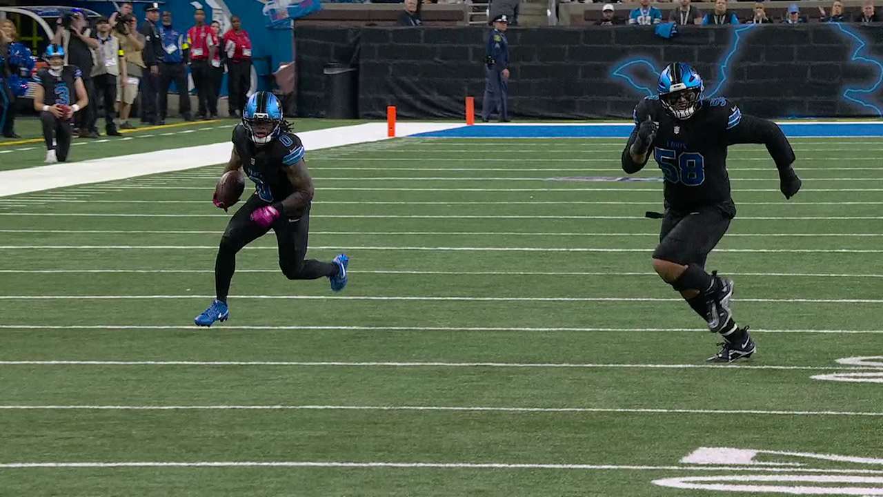 Detroit Lions running back Jahmyr Gibbs breaks free for 28-yard catch ...