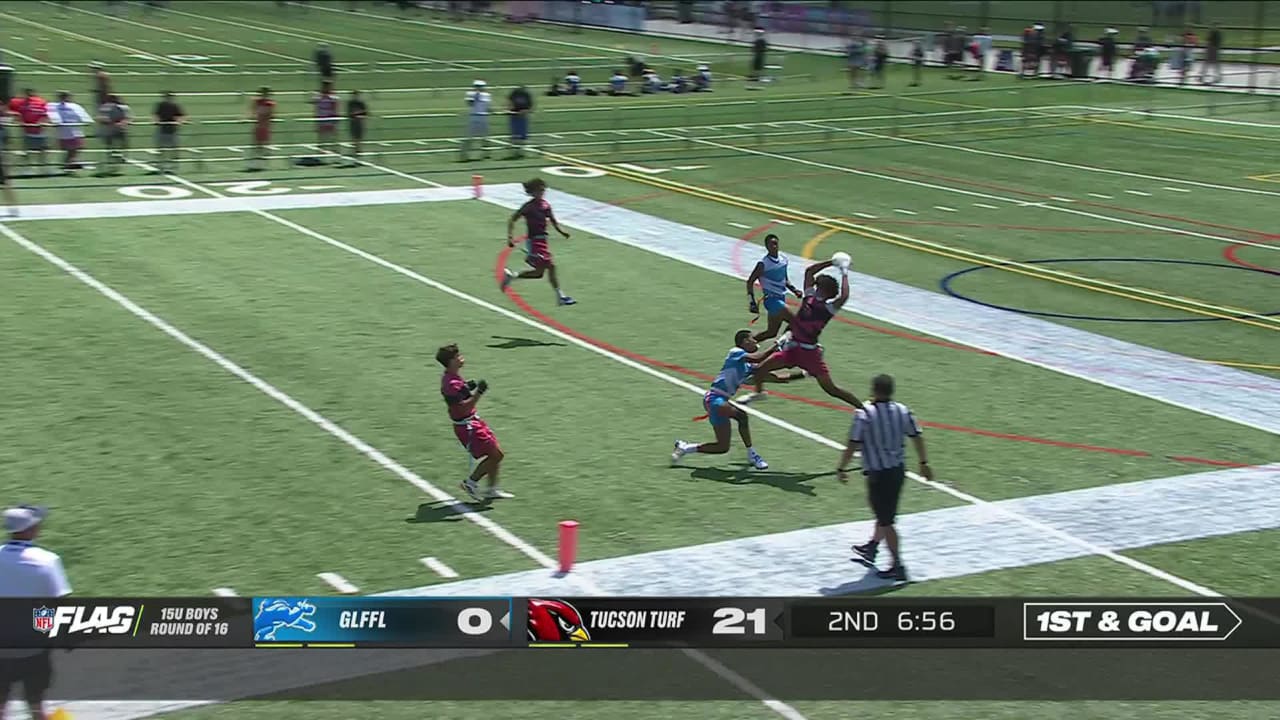 Tuscon Turf defensive back Zerek Sidney goes airborne fora top-shelf interception on the Lions ...
