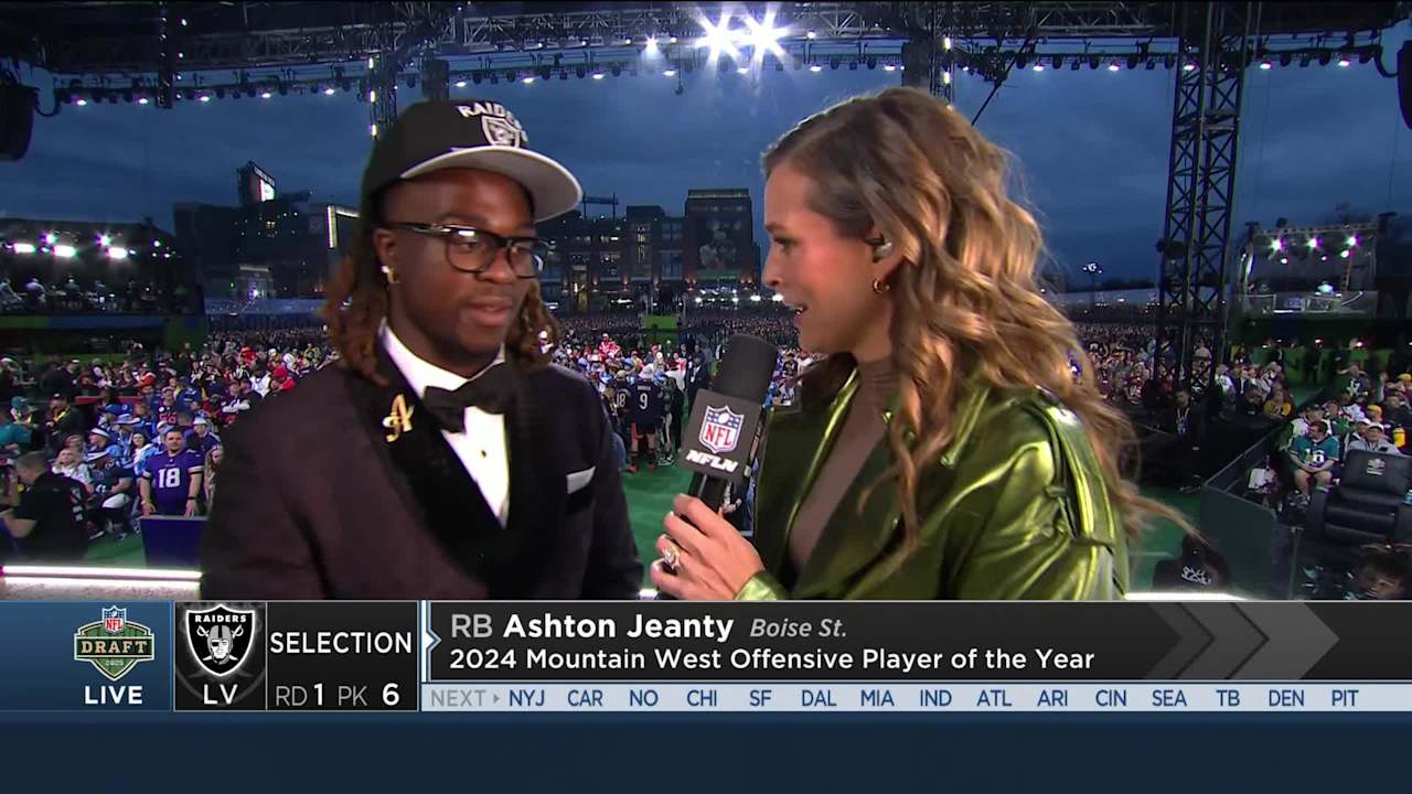 Running back Ashton Jeanty reacts to Las Vegas Raiders selecting him at No. 6 overall in the ...