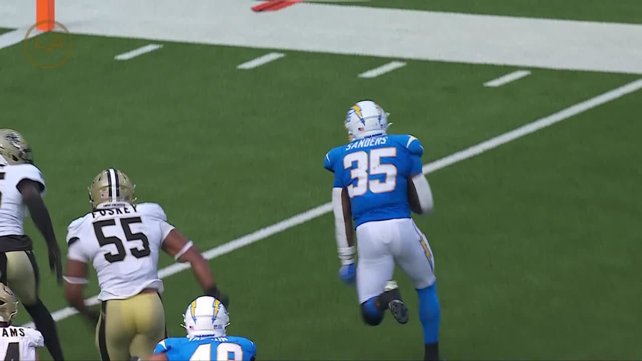 Los Angles Chargers running back Raheim 'Rocket' Sanders rushes into end zone for 11-yard score
