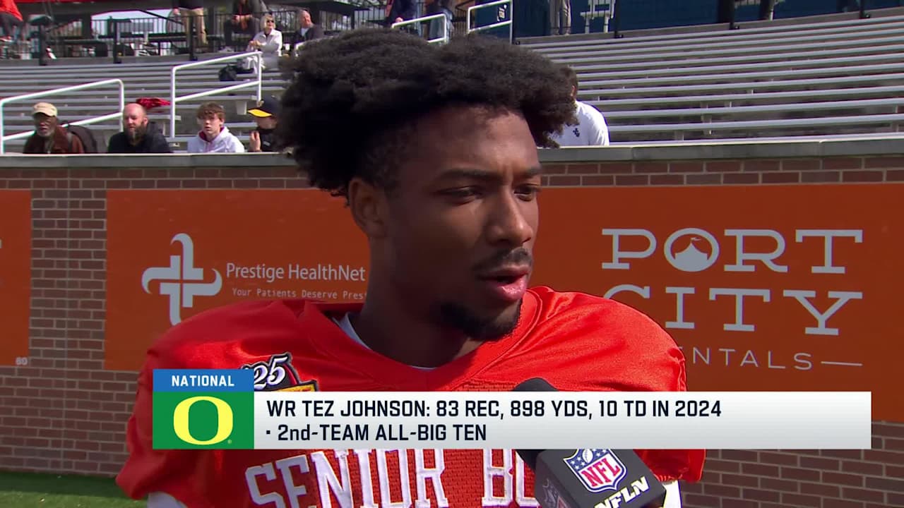 Oregon wide receiver Tez Johnson talks to NFL Network Insider Tom Pelissero on Day 1 of Senior ...