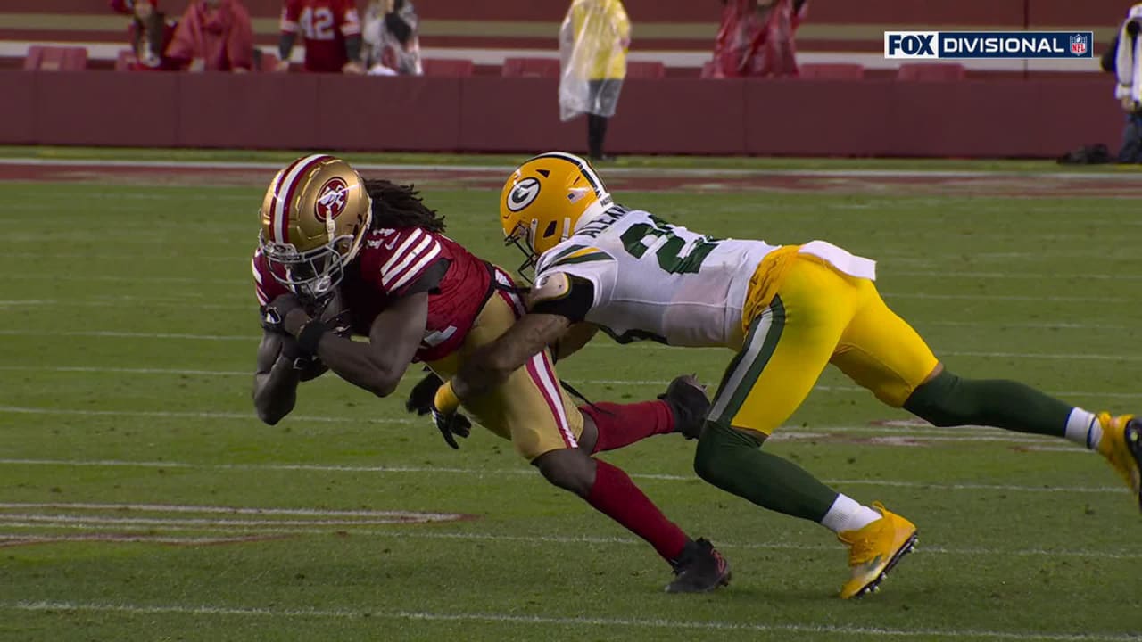 San Francisco 49ers wide receiver Brandon Aiyuk adjusts on an athletic ...