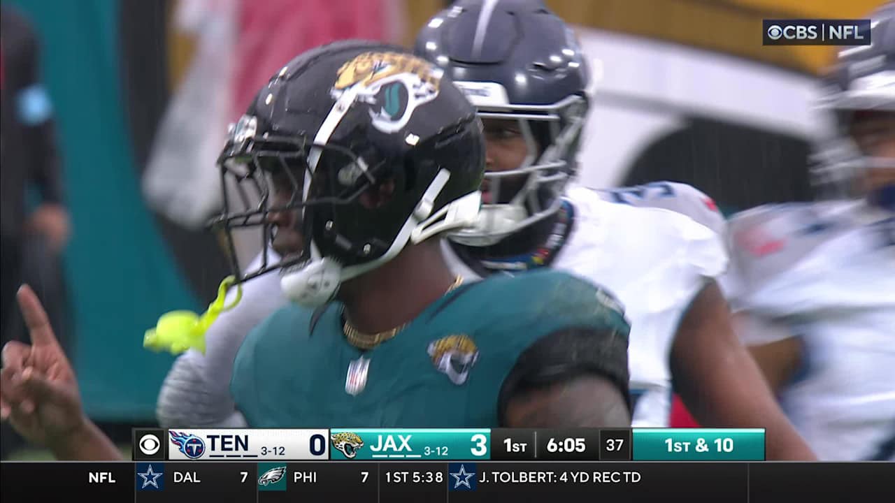 Jacksonville Jaguars running back Travis Etienne Jr. rockets down the sideline for 26-yard catch ...