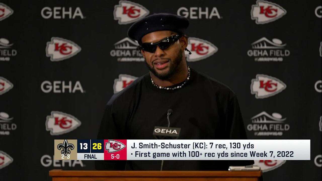 Kansas City Chiefs wide receiver JuJu Smith-Schuster talks to press ...