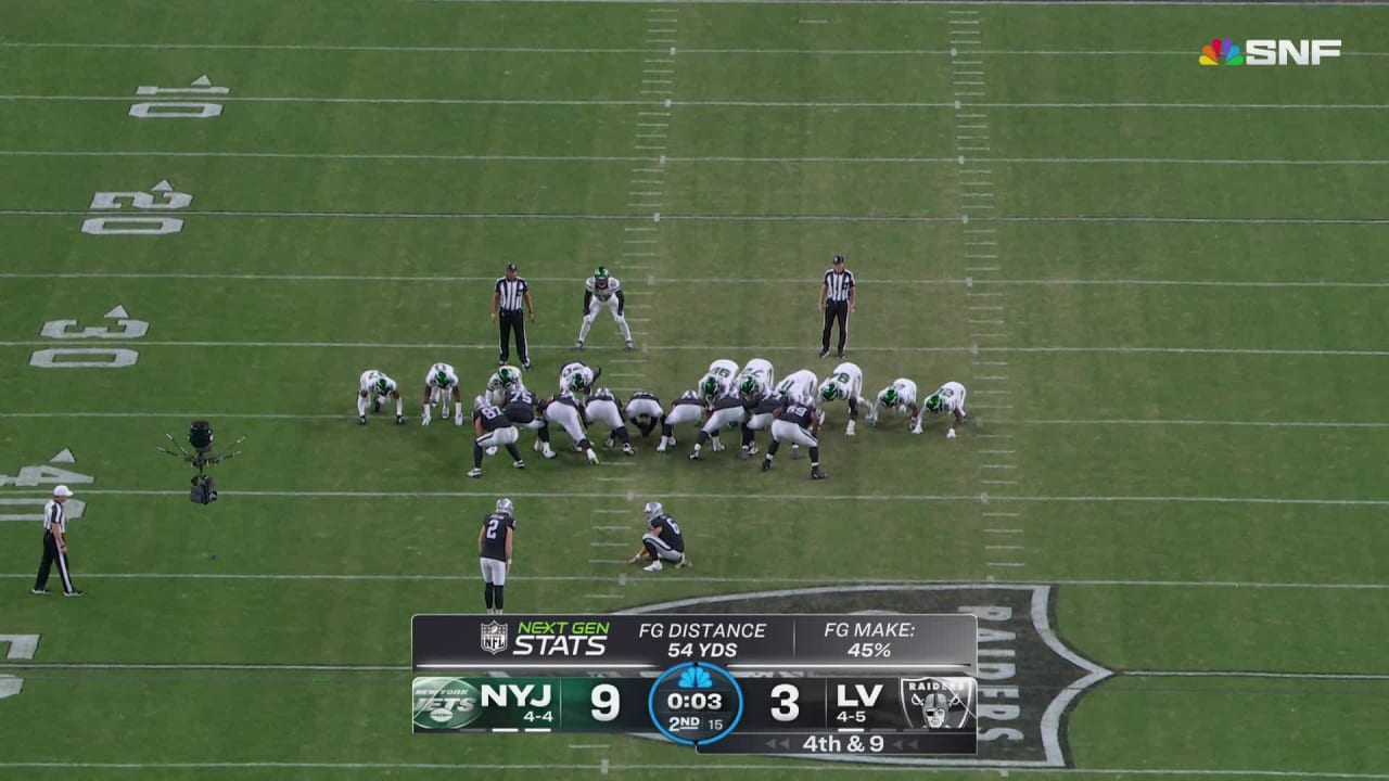 Las Vegas Raiders kicker Daniel Carlson's 54-yard field goal at the end of the first half makes ...