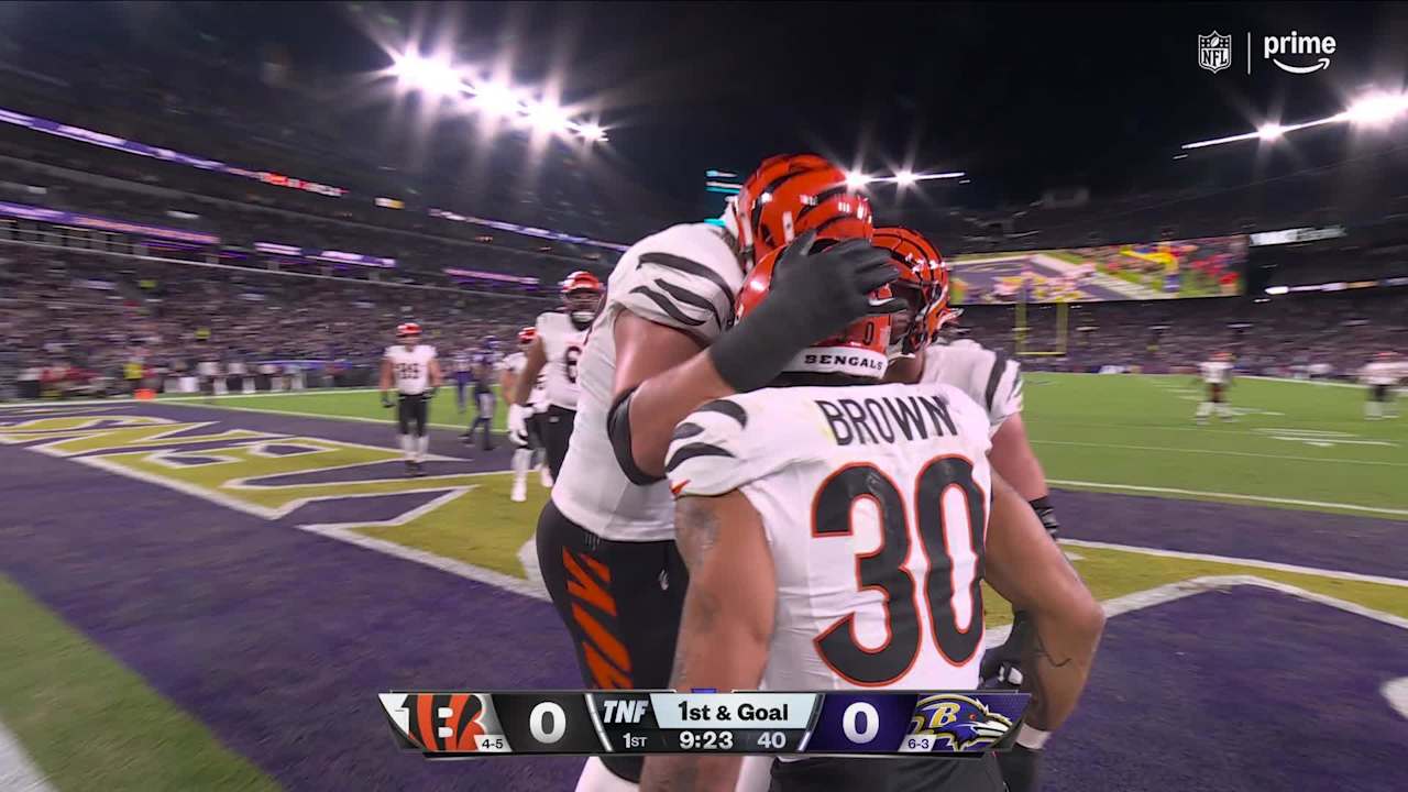Cincinnati Bengals running back Chase Brown burrows into the end zone ...