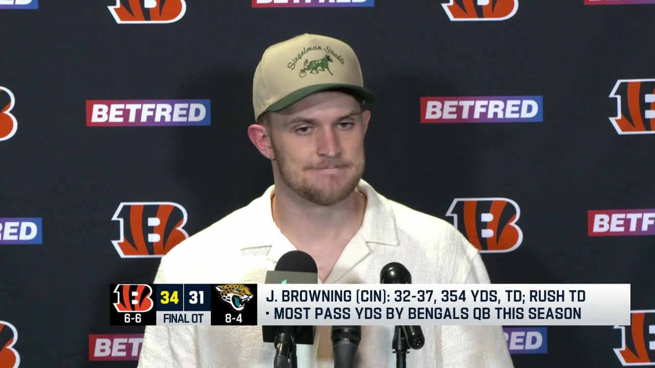 Cincinnati Bengals quarterback Jake Browning talks to press following ...