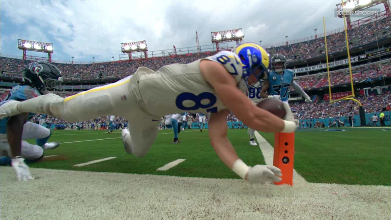 Los Angeles Rams tight end Davis Allen is granted pylon-dive touchdwon ...