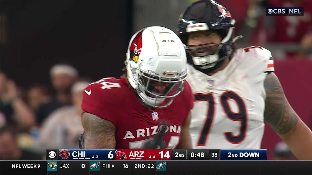 Arizona Cardinals defensive lineman Xavier Thomas sacks Chicago Bears quarterback Caleb Williams ...