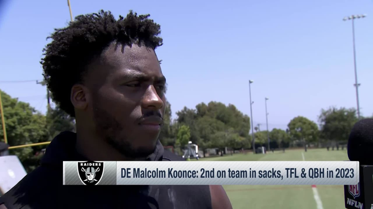 Las Vegas Raiders defensive end Malcolm Koonce talks with team reporter ...