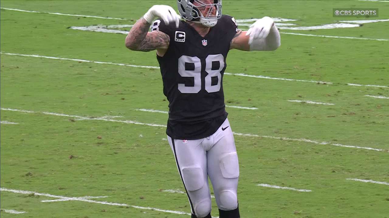 Las Vegas Raiders defensive end Maxx Crosby nearly bats an interception to himself vs. Chicago ...