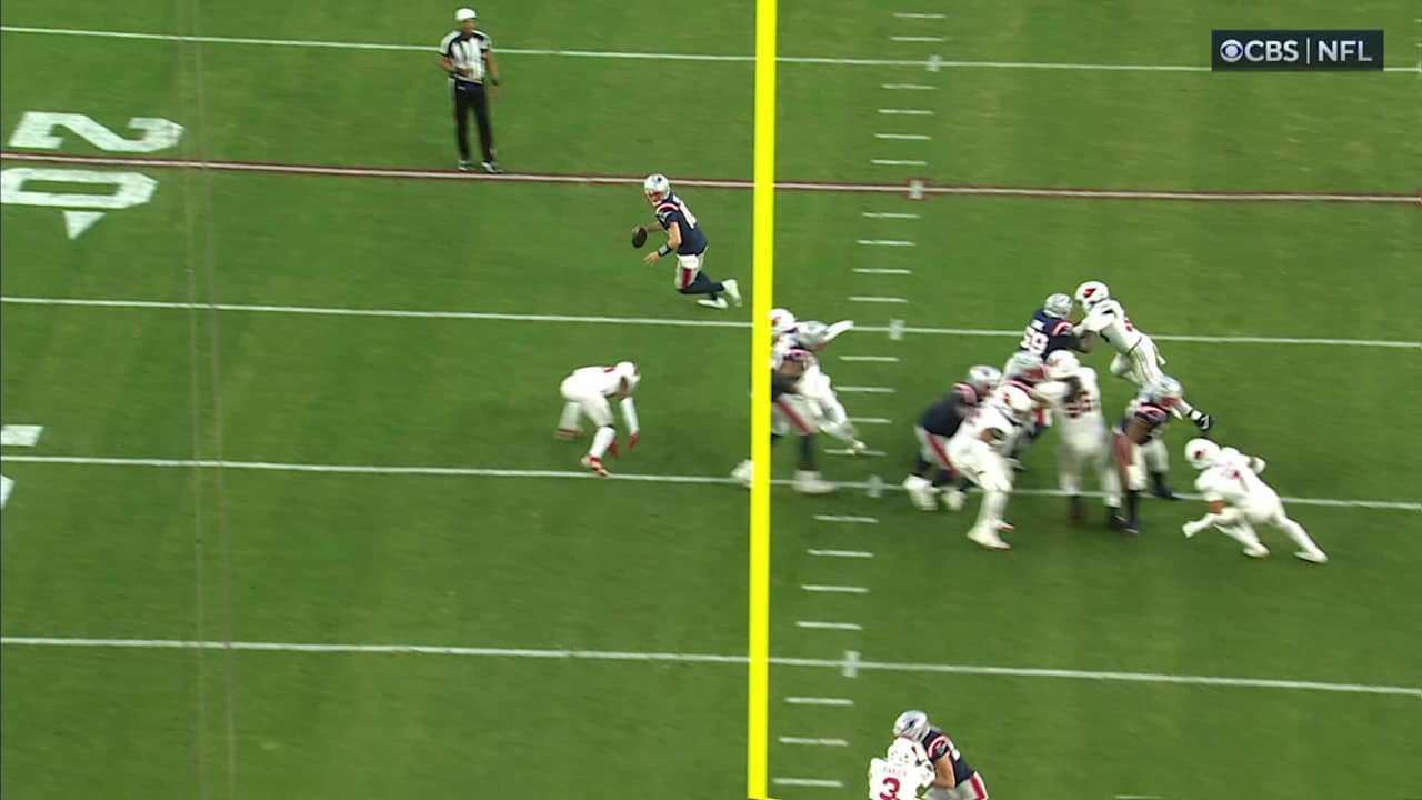 New England Patriots rookie quarterback Drake Maye scrambles into end zone for 5-yard rushing ...
