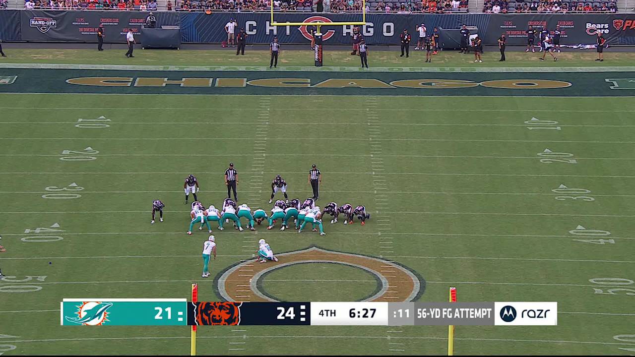 Miami Dolphins' kicker Jason Sanders' 56-yard field goal ties MIA-CHI at 24-24