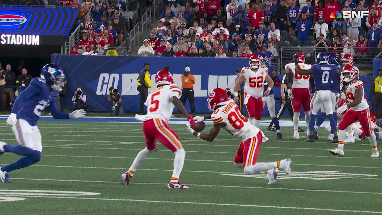 Kansas City Chiefs wide receiver Tyquan Thornton steps in front of teammate to snag 21-yard ...