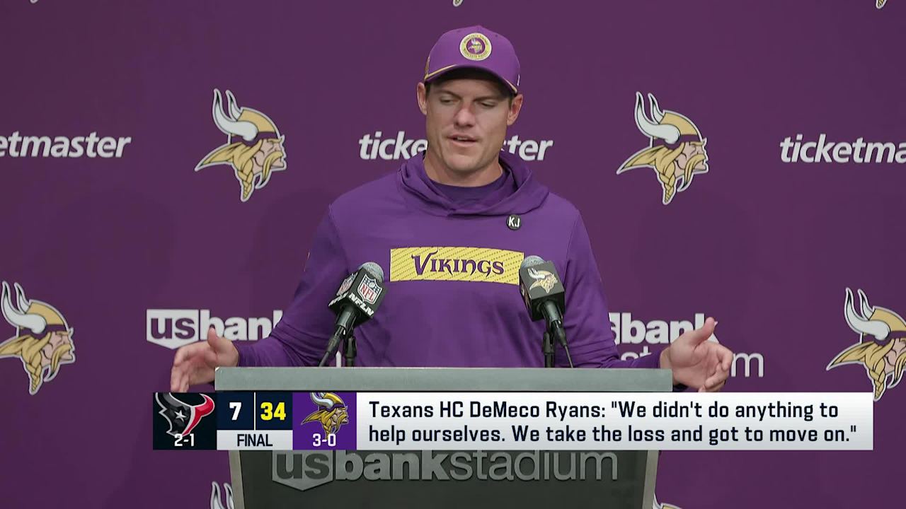 Minnesota Vikings head coach Kevin O'Connell reacts to Week 3 win vs ...