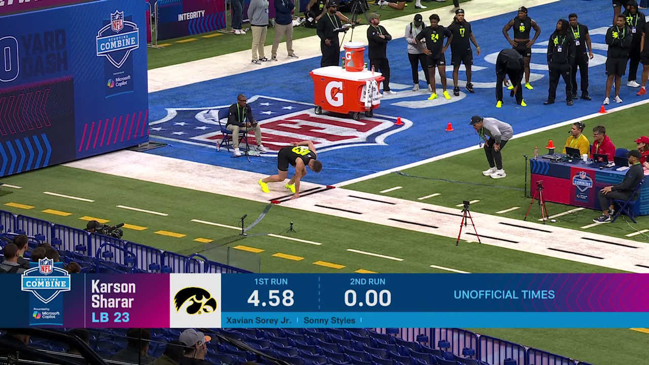 Linebacker Karson Sharar runs official 4.56-second 40-yard dash at 2026 ...