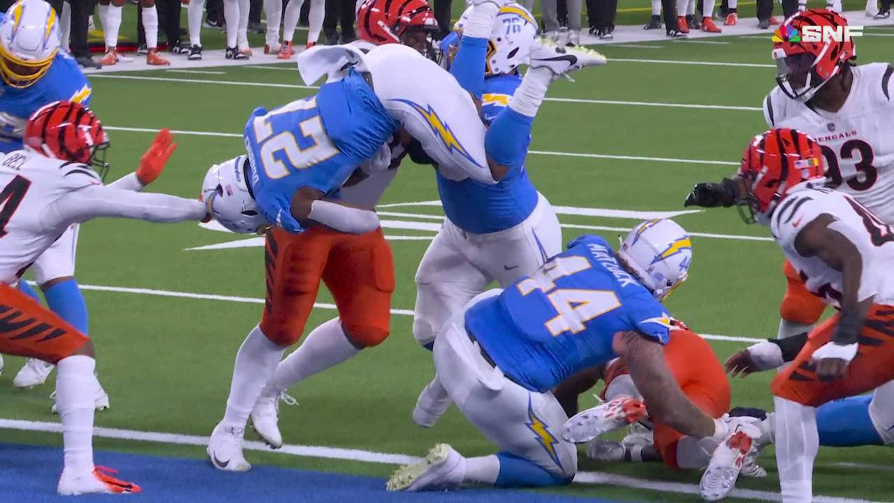 Los Angeles Chargers running back J.K. Dobbins leaps over goal line ...