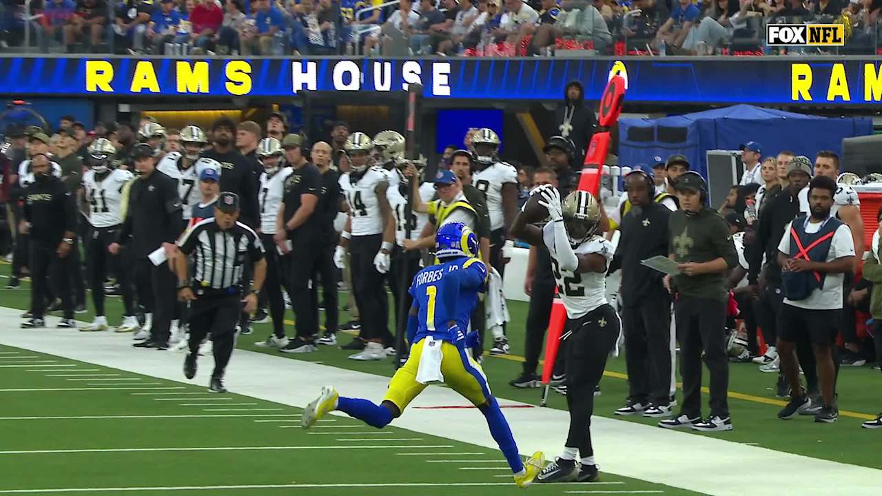 New Orleans Saints wide receiver Rashid Shaheed toe taps the sideline ...