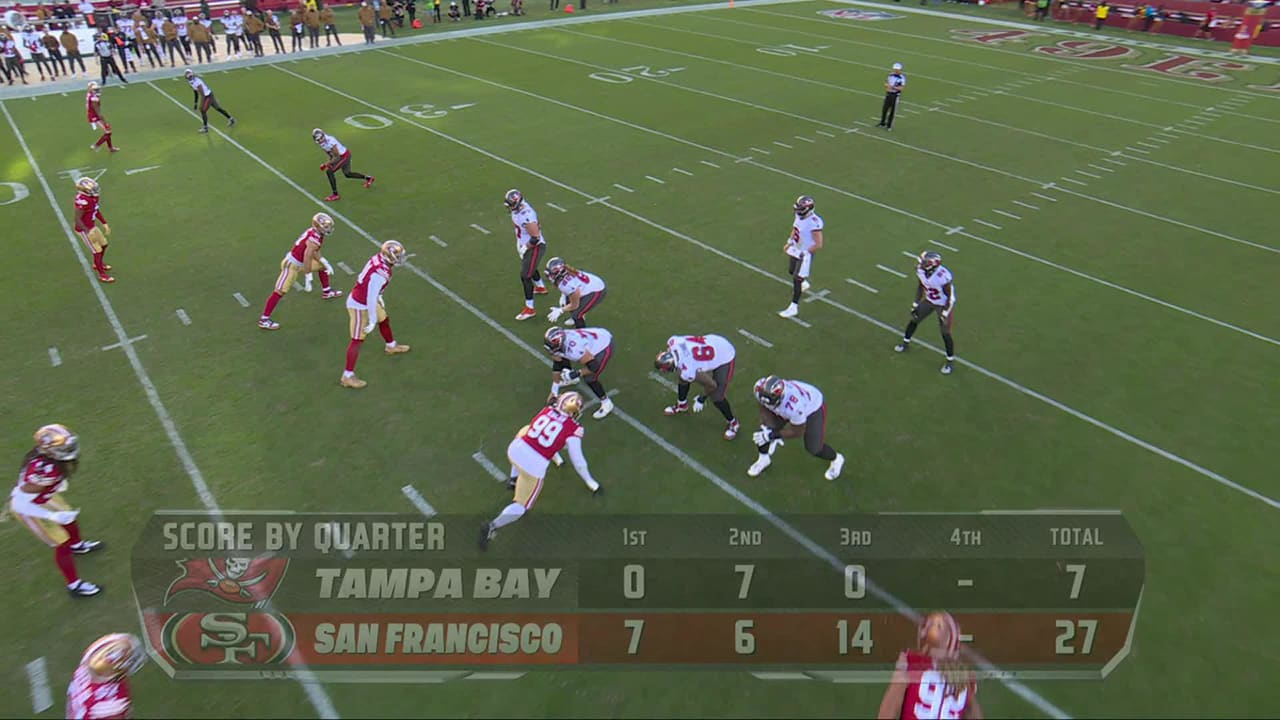 Tampa Bay Buccaneers quarterback Baker Mayfield's 41-yard pass hits wide receiver Rakim Jarrett ...