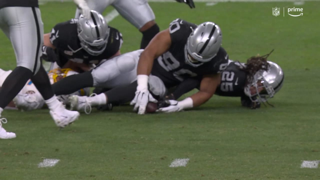 Las Vegas Raiders defensive lineman Jerry Tillery's fumble recovery against his former Los ...