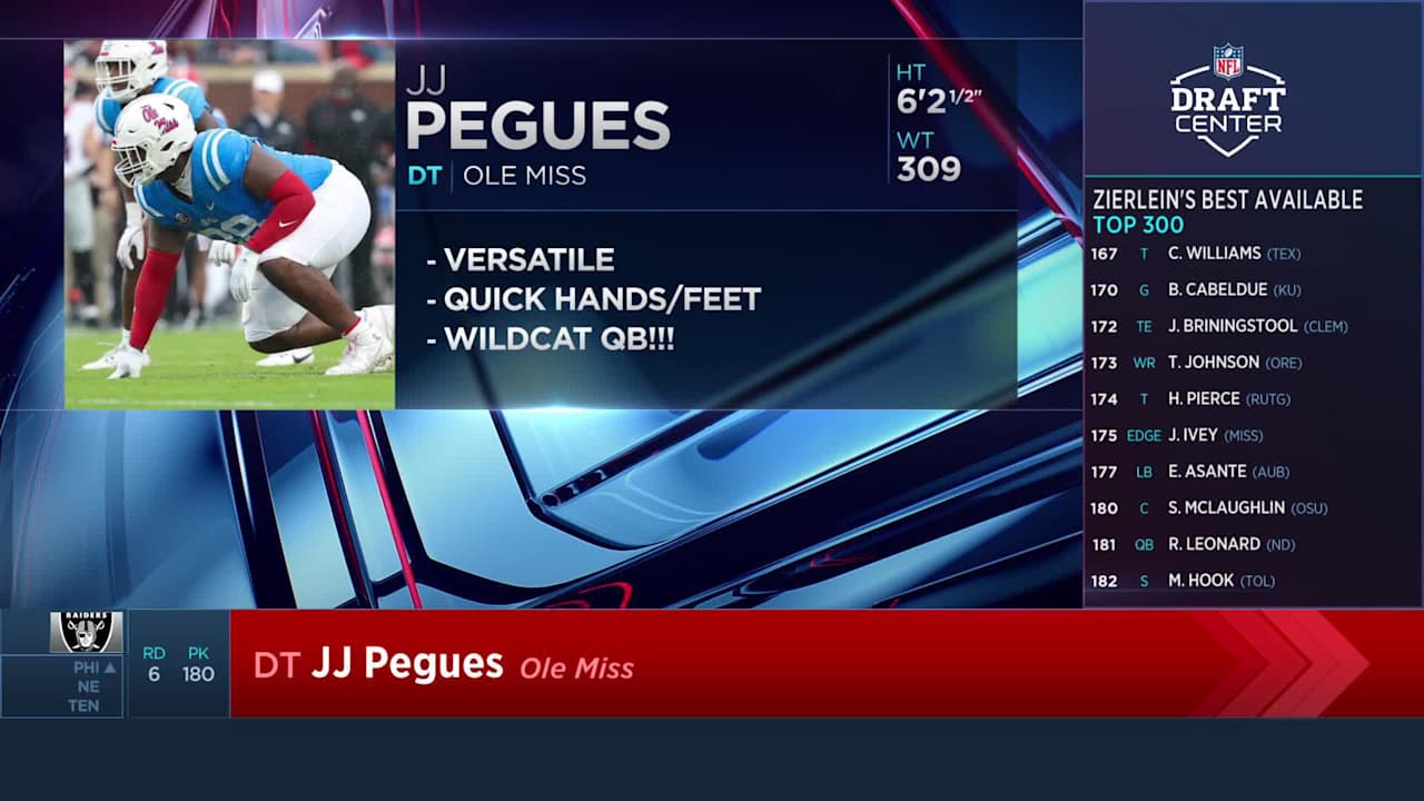 The Las Vegas Raiders select Mississippi Rebels defensive tackle JJ Pegues with No. 180 pick in ...