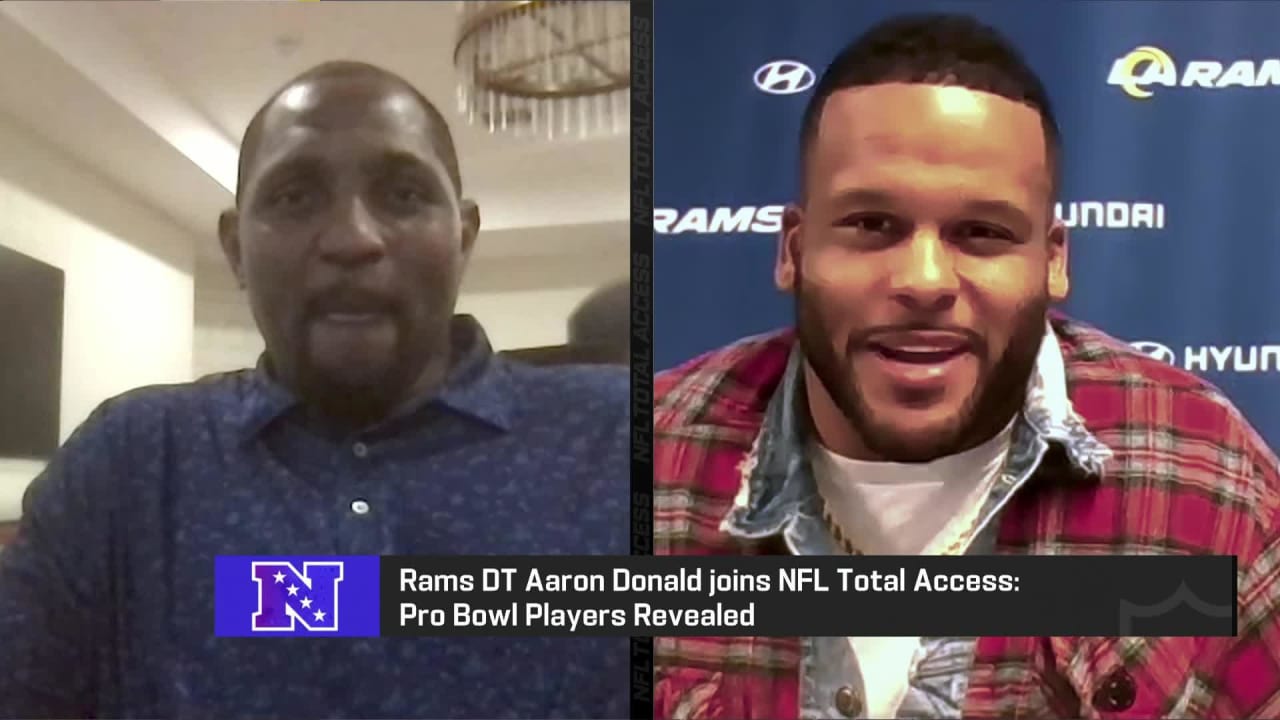 Los Angeles Rams defensive tackle Aaron Donald talks to Ray Lewis about ...