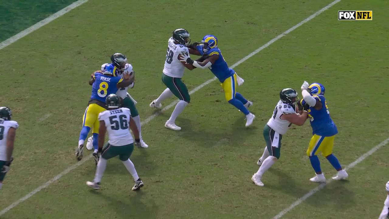 Los Angeles Rams linebacker Jared Verse administers hit-stick on ...