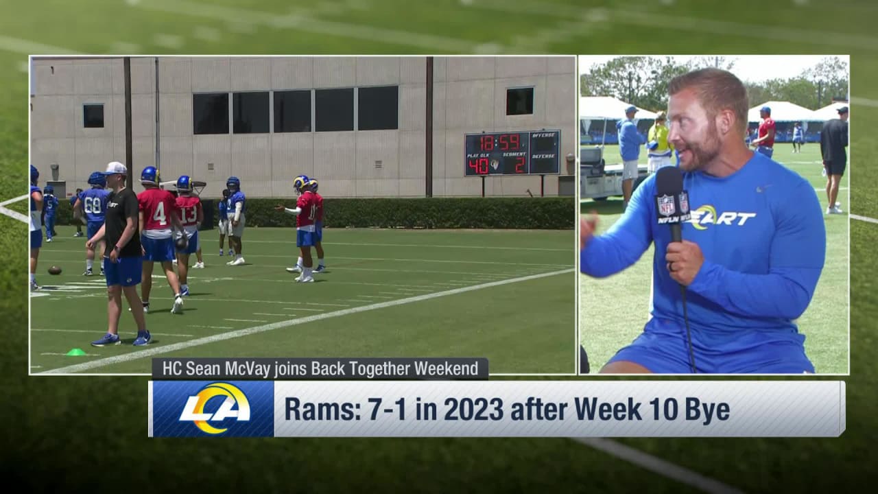 Los Angeles Rams head coach Sean McVay shows his excitement for 2024 season