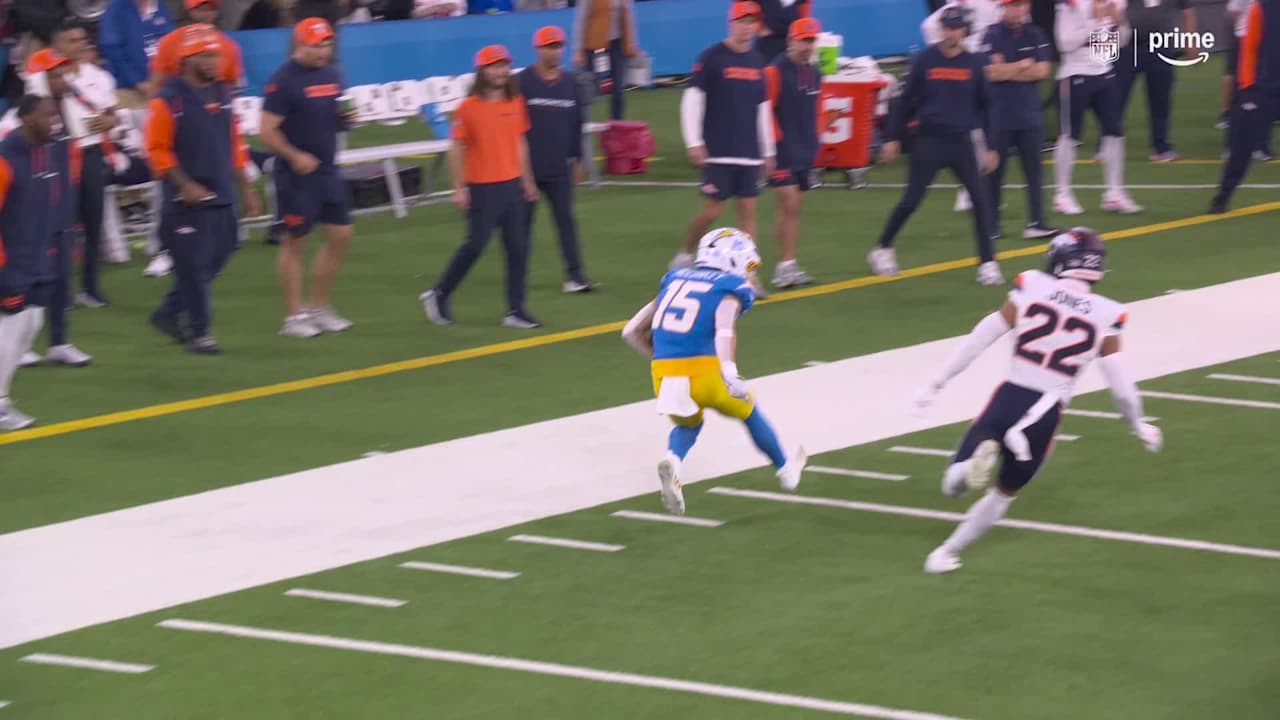 Los Angeles Chargers wide receiver Ladd McConkey strides for a 27-yard ...