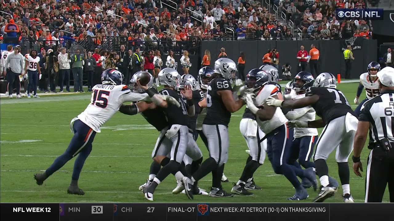 Denver Broncos linebacker Nik Bonitto's strip-sack on Las Vegas Raiders quarterback Desmond ...