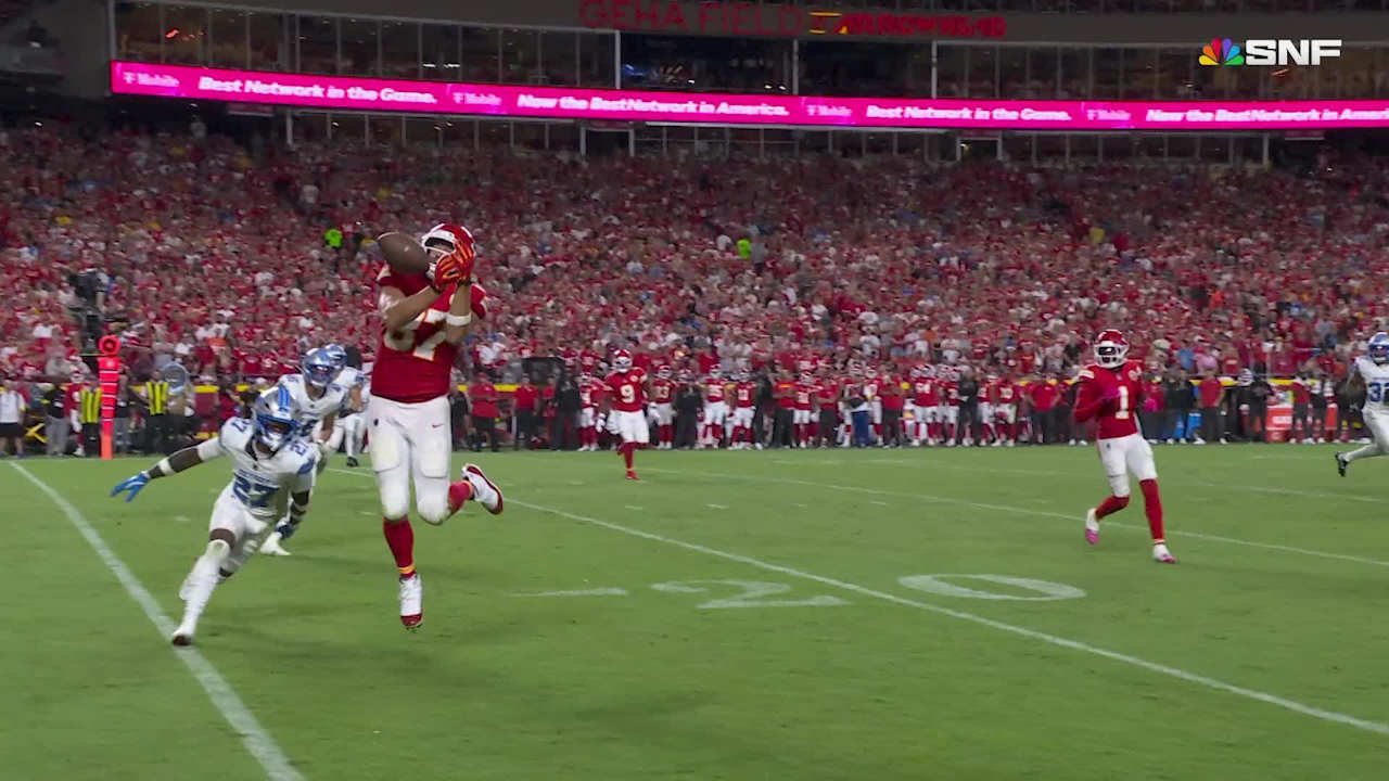 Kansas City Chiefs tight end Travis Kelce gets up to the 70-yard mark for the night on bobbling ...