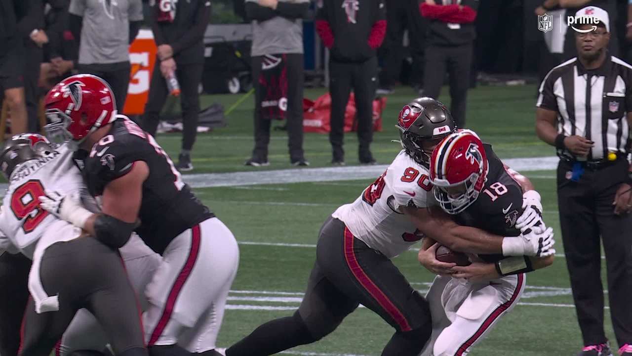 Tampa Bay Buccaneers defensive end Logan Hall absolutely engulfs Atlanta Falcons quarterback ...