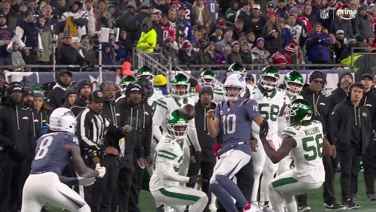 New England Patriots quarterback Drake Maye approaches the sideline ...
