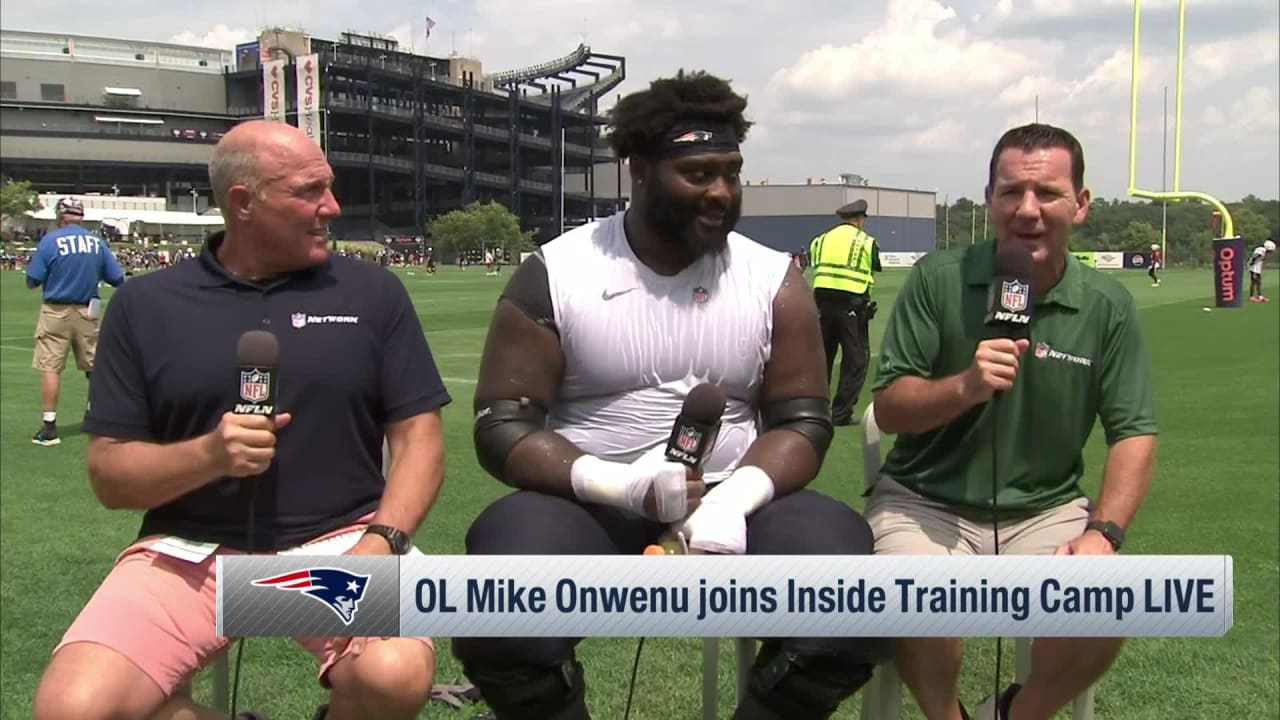 New England Patriots offensive lineman Mike Onwenu talks to NFL Network's Scott Pioli, NFL ...