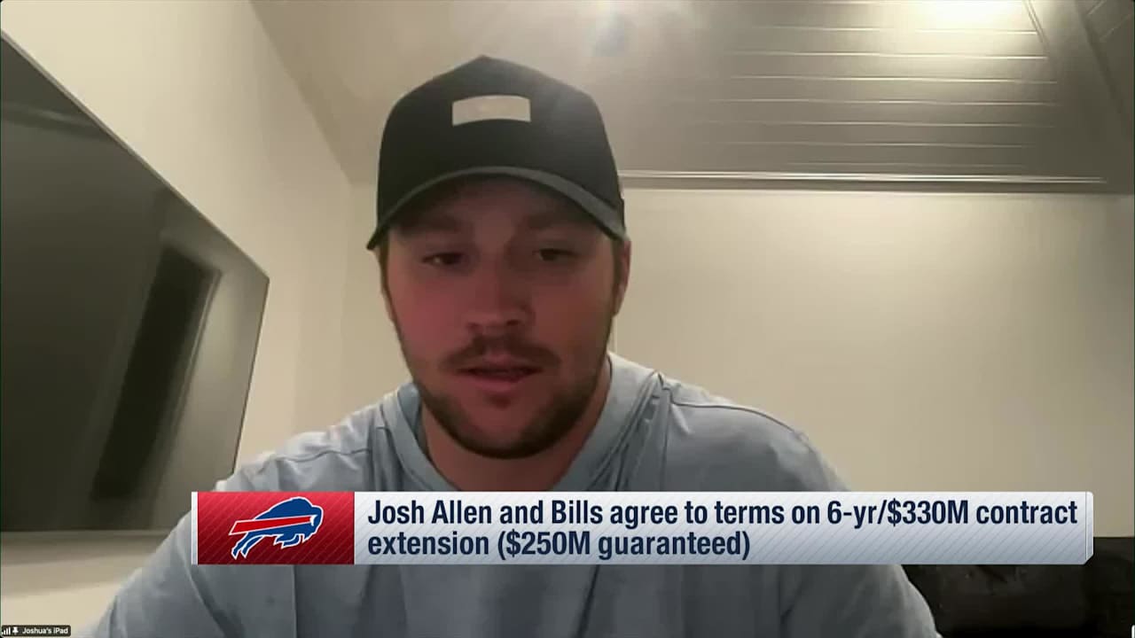 Buffalo Bills quarterback Josh Allen talks to media about his six-year ...