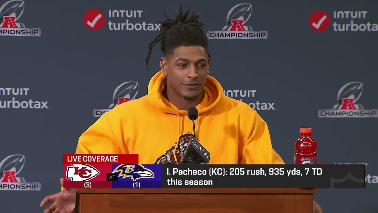 Kansas City Chiefs running back Isiah Pacheco reacts to peoples ...