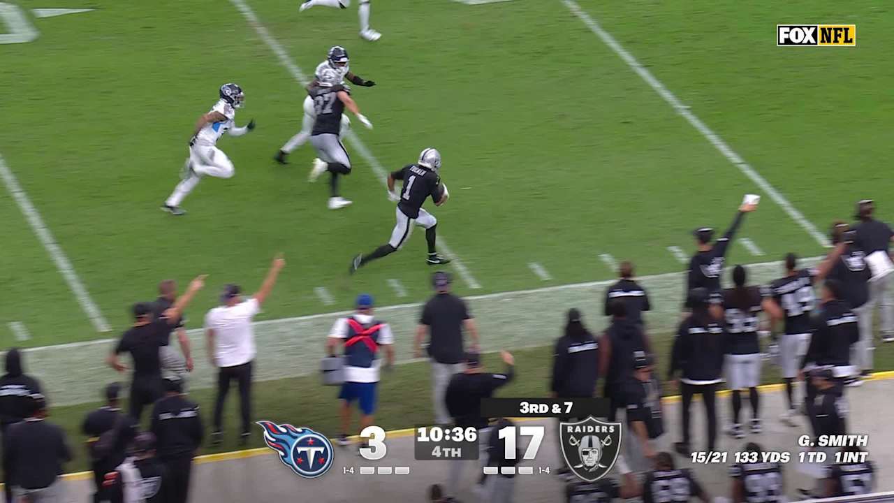 Las Vegas Raiders wide receiver Tre Tucker escapes down the sideline for 37-yard gain vs ...